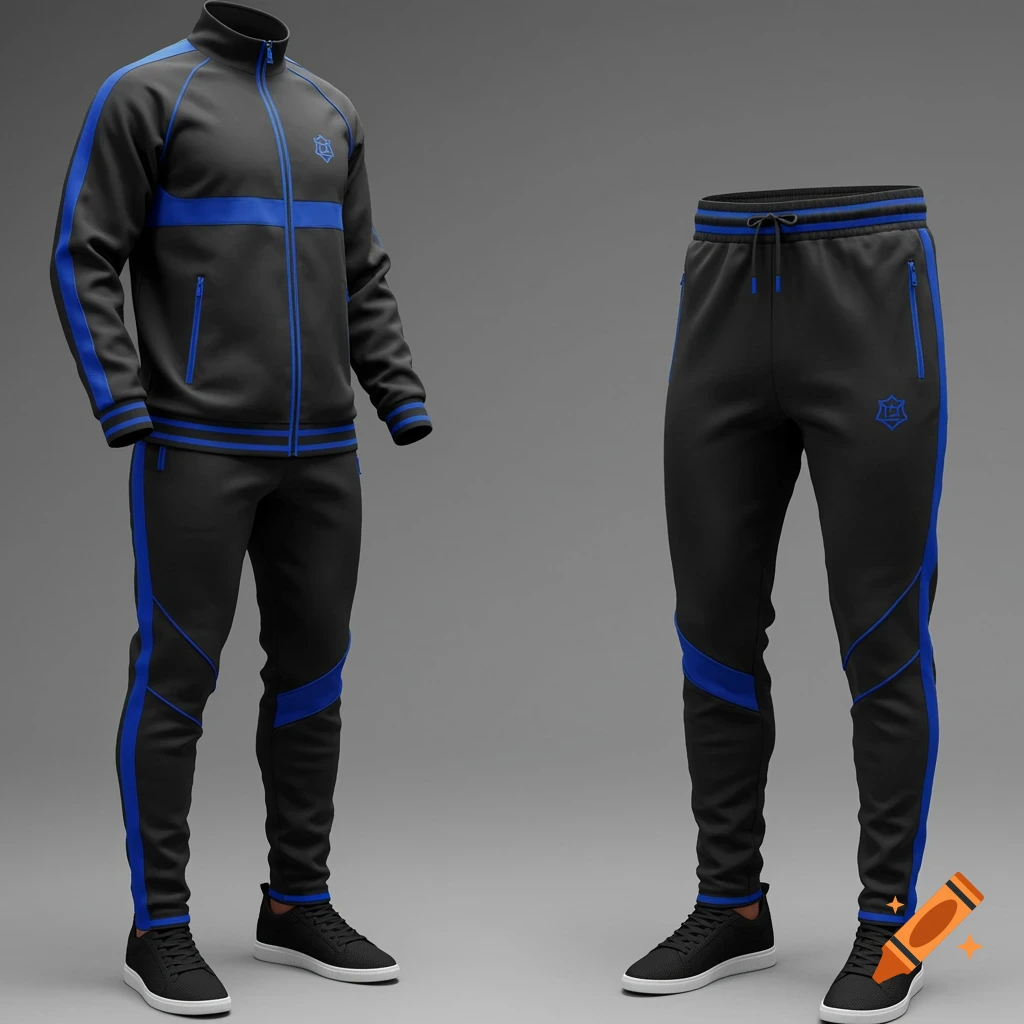A black and royal blue tracksuit set, featuring a jacket with a zipper ...