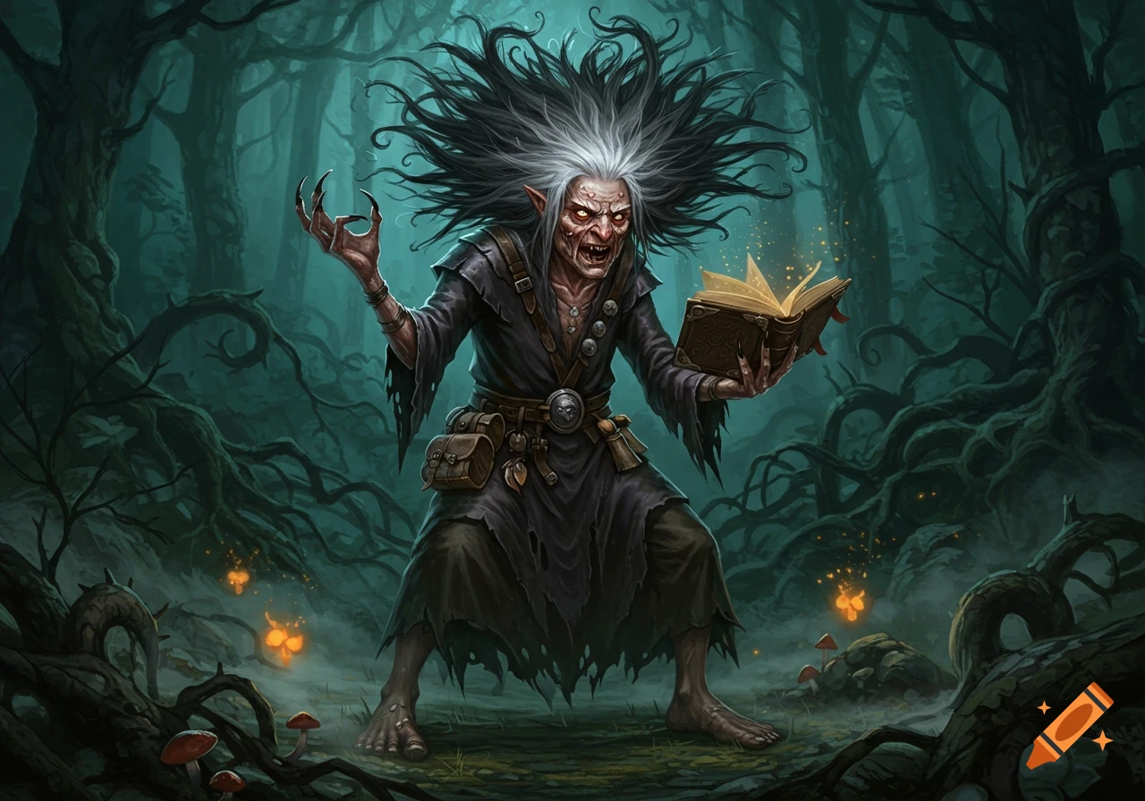 Gothic woodcut illustration of a half-human, half-wolf creature wearing ...