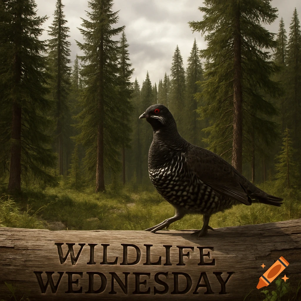 A photorealistic male Spruce Grouse with red eyebrow walks on a log ...