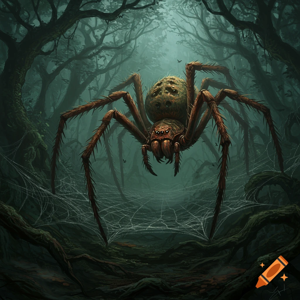 A giant realistic spider with glowing eyes stands in a dark, misty forest with spiderwebs. on ...