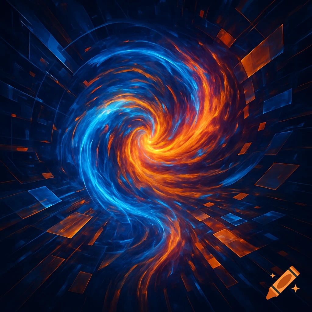A vibrant abstract pattern of swirling blue, red, and orange glowing ...