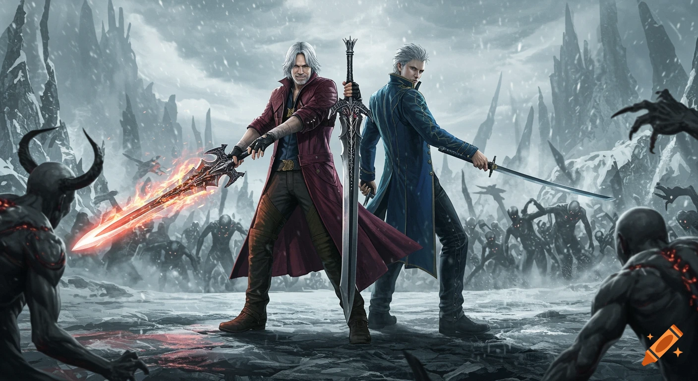 Dante and Vergil fight back-to-back against shadowy demons in a snowy ...