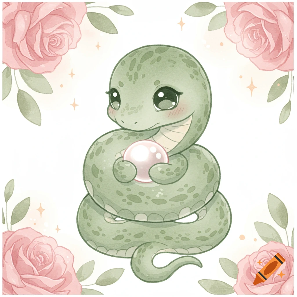 A cute, sage green chibi snake holding a pearl, surrounded by pink rose ...