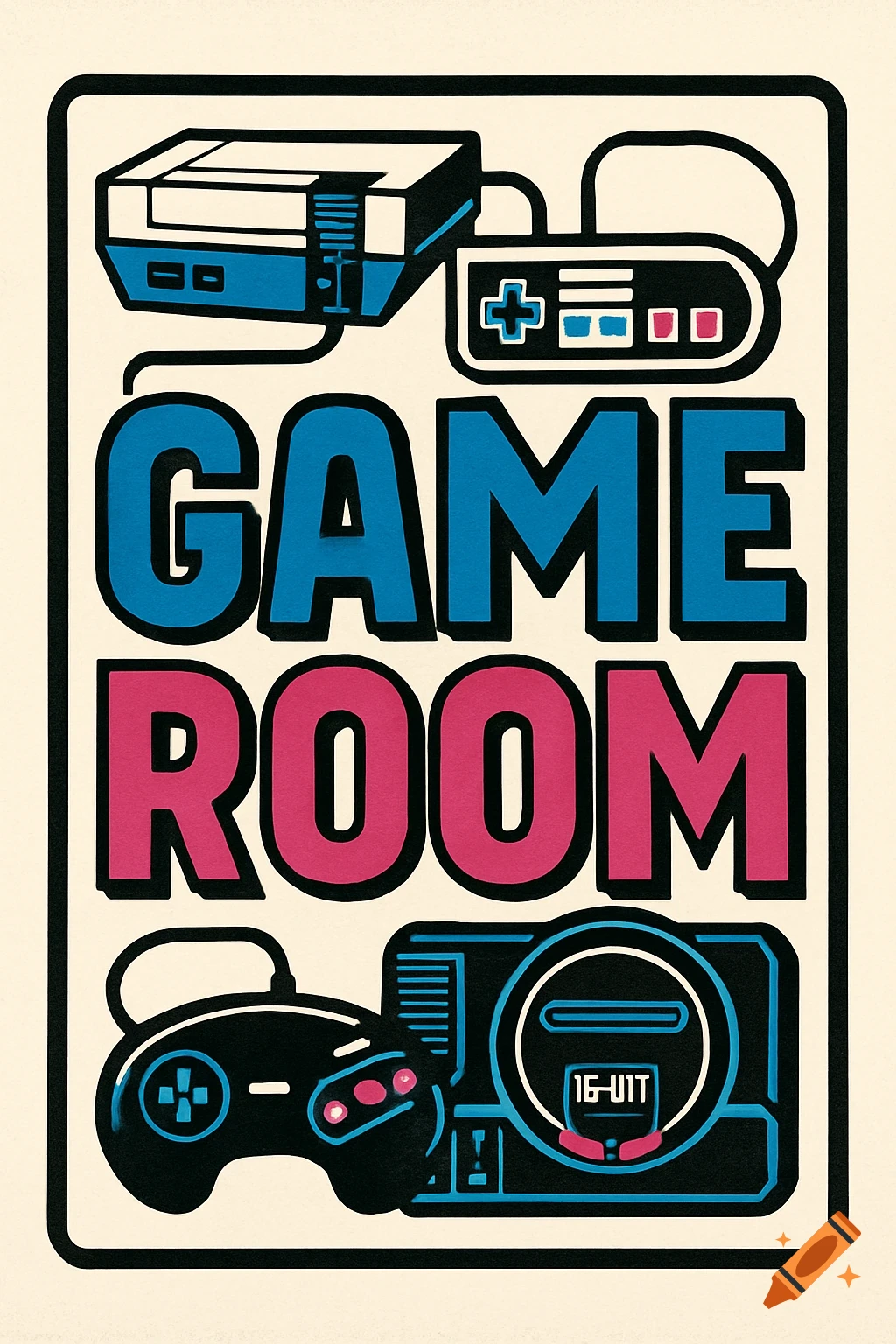 A retro-style 'GAME ROOM' sign featuring classic video game consoles ...