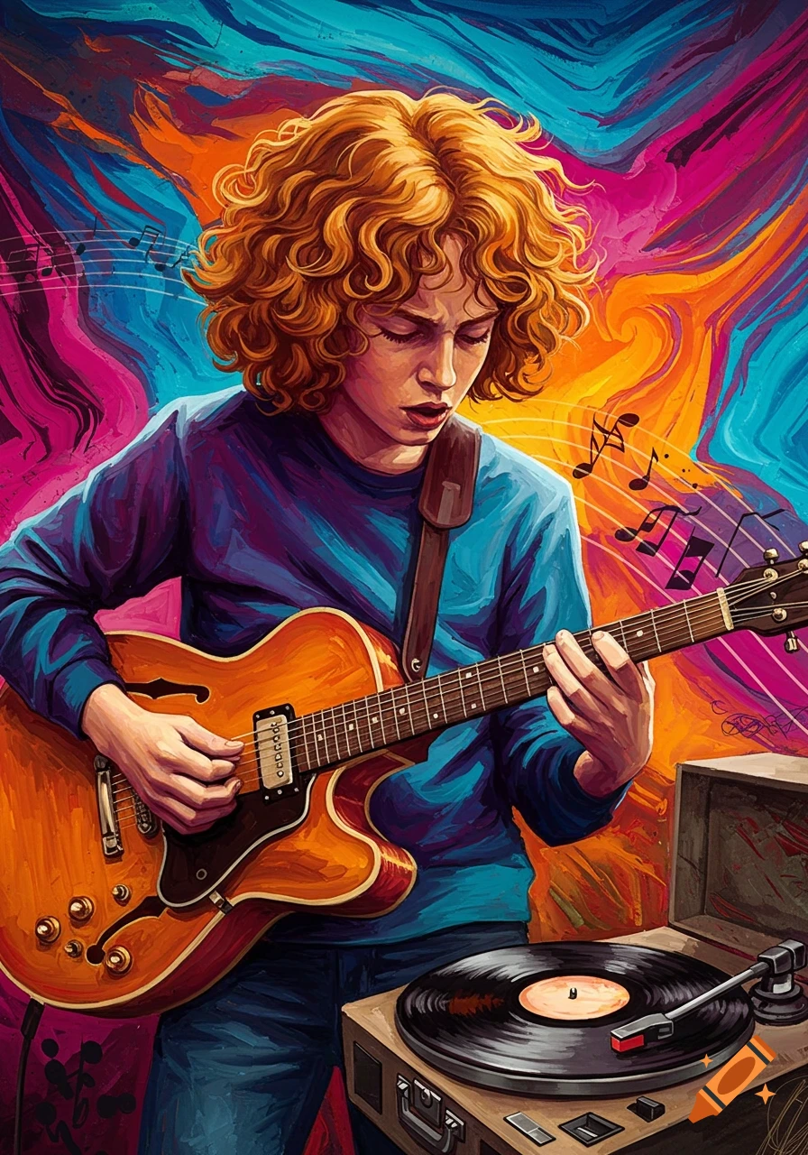 A rock and roll angel with large feathered wings plays a yellow Les ...