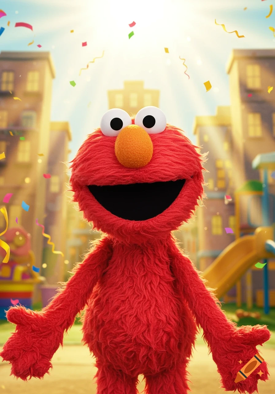 Photorealistic Elmo standing outdoors with a bright smile, confetti ...