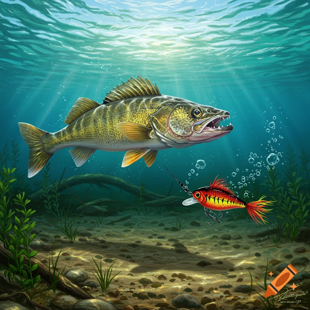 An illustration of a walleye fish with sharp teeth chasing a red and ...