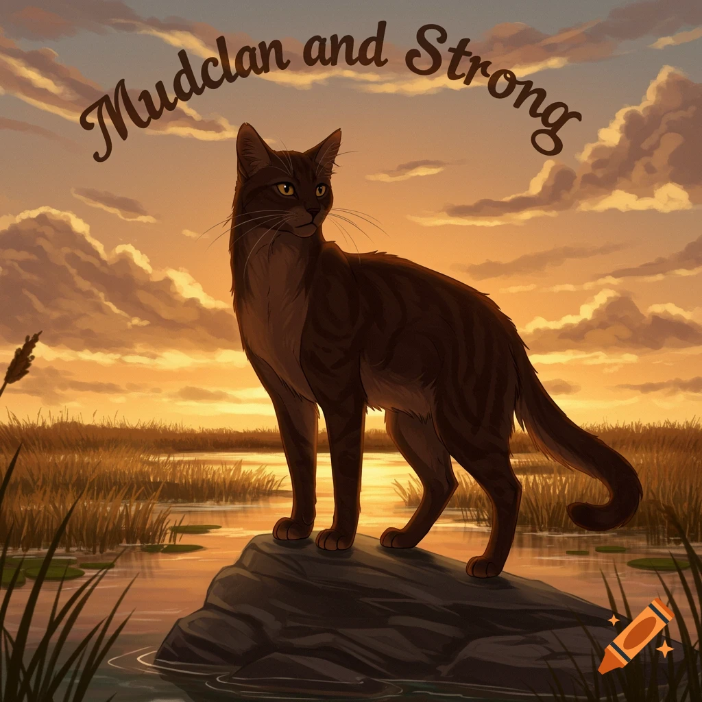 A brown tabby cat stands on a rock in a marsh at sunset, with the words ...