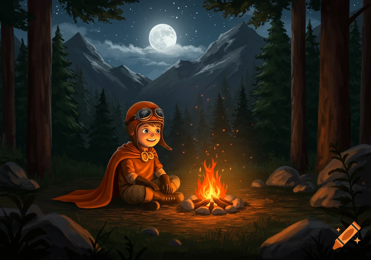 A young boy in an aviator helmet and orange cape sits by a campfire in ...