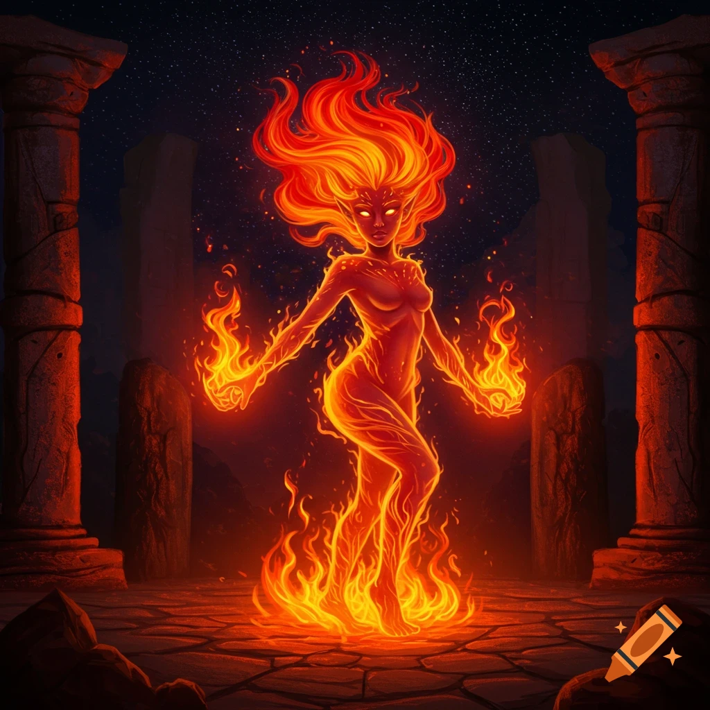 A cute chibi fire elemental with bright flame hair and a fiery coat ...