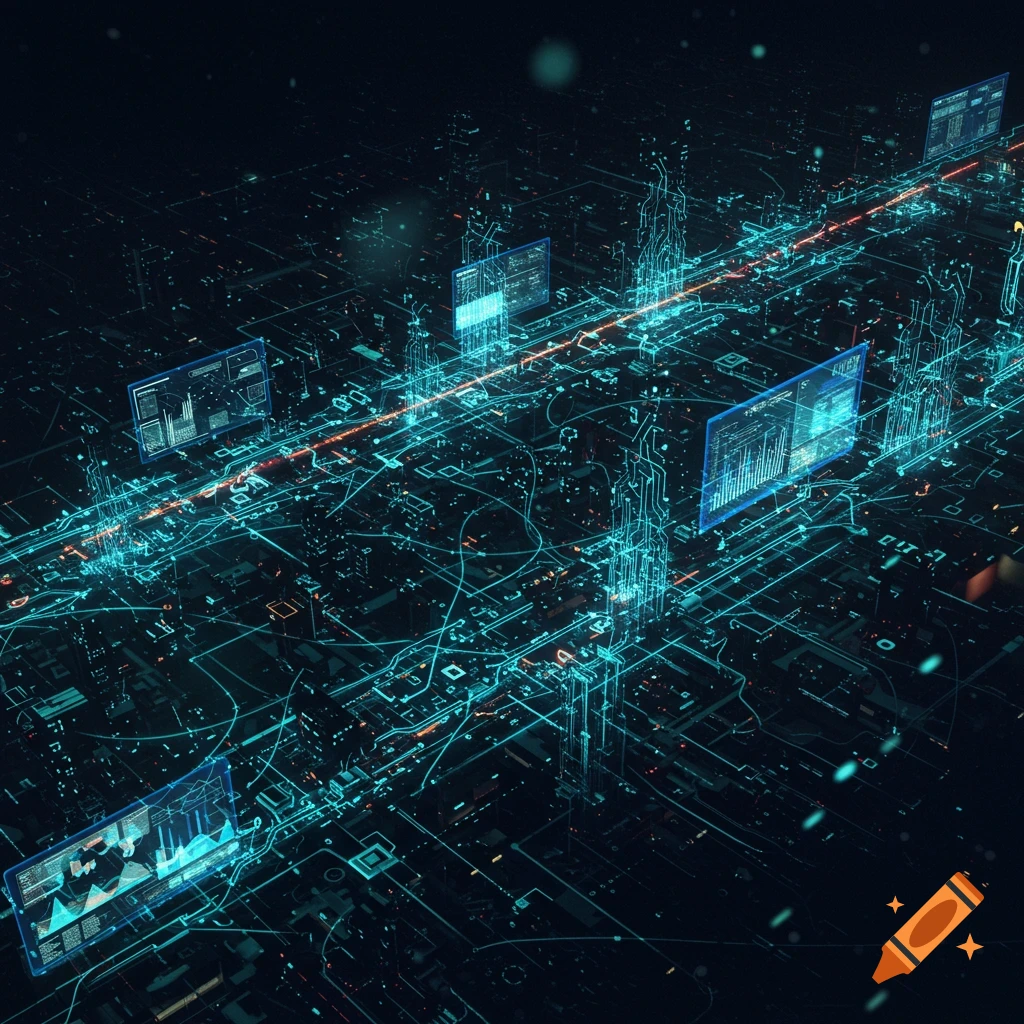 A futuristic digital landscape with glowing turquoise data streams ...