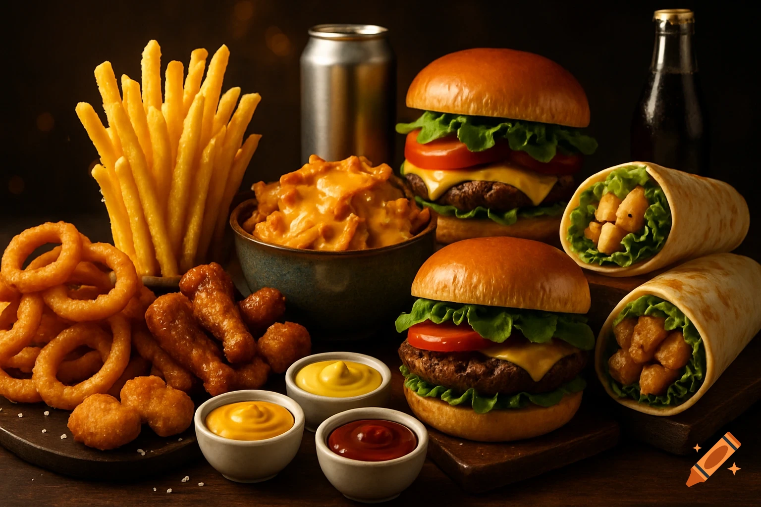 Top-view, diagonally split image featuring fast food like burgers ...