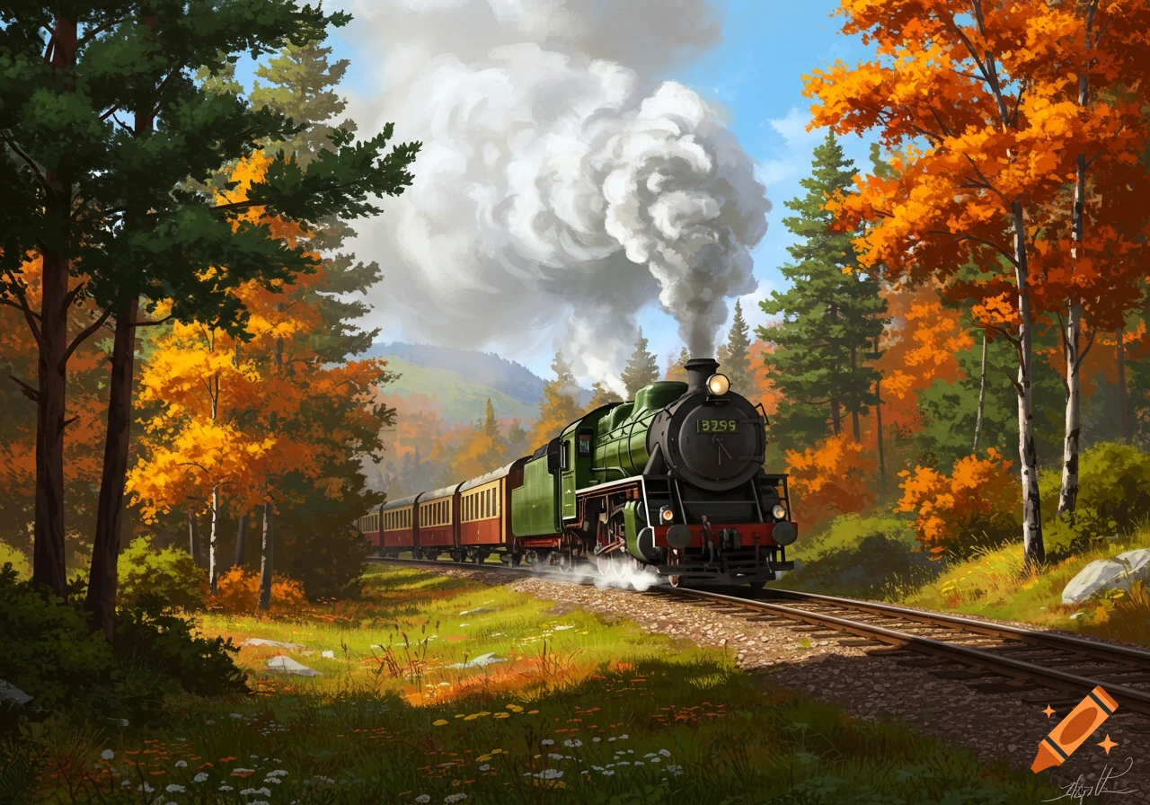 A green steam train named 'Scotsman' races a blue streamlined train ...