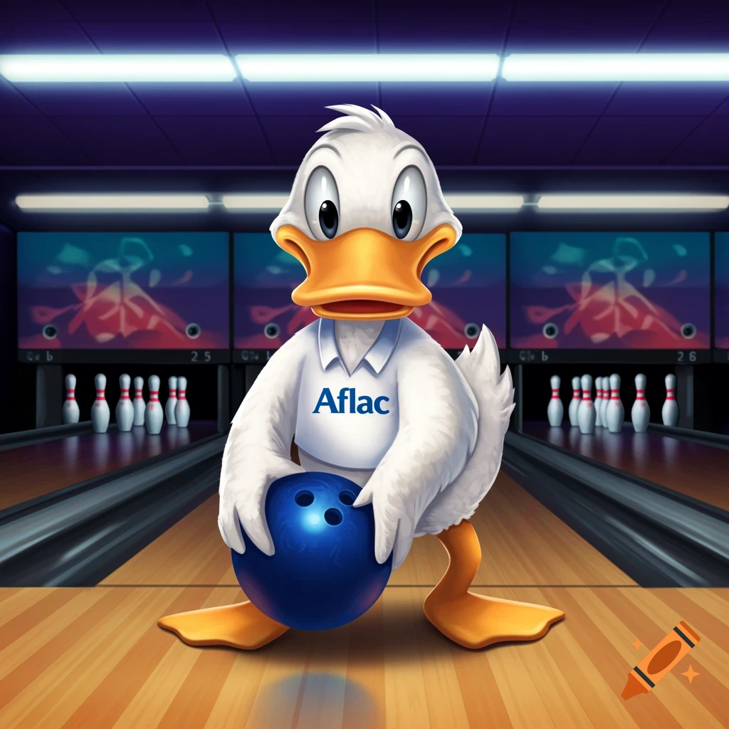 Cartoon Aflac duck holding a blue bowling ball on a wooden lane in a ...
