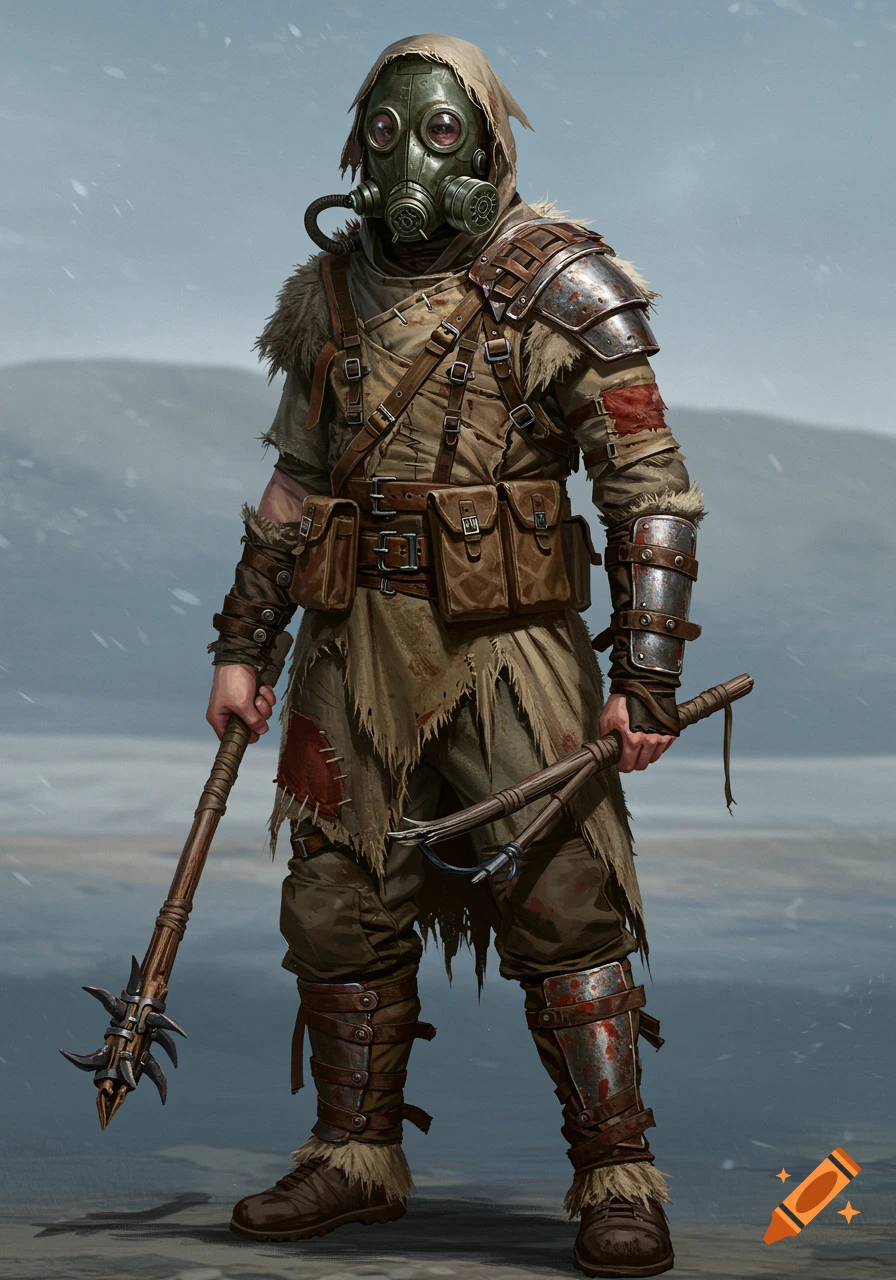 A full portrait of a human survivor in post-apocalyptic gear, wearing a ...