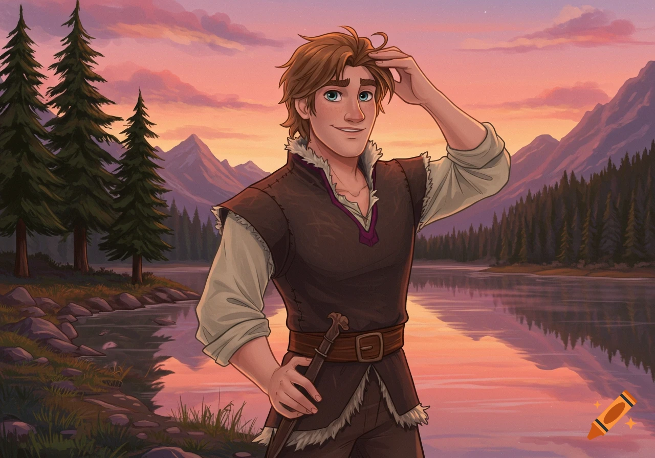Animated male character, a mix of Kristoff and Flynn Ryder, standing by ...