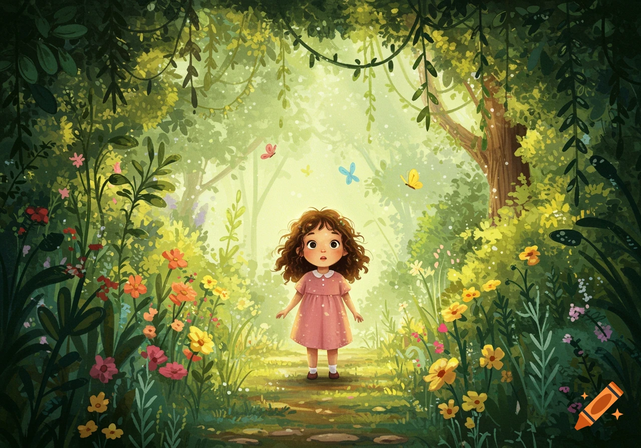 Illustration of a young girl running in a sunlit forest clearing while ...