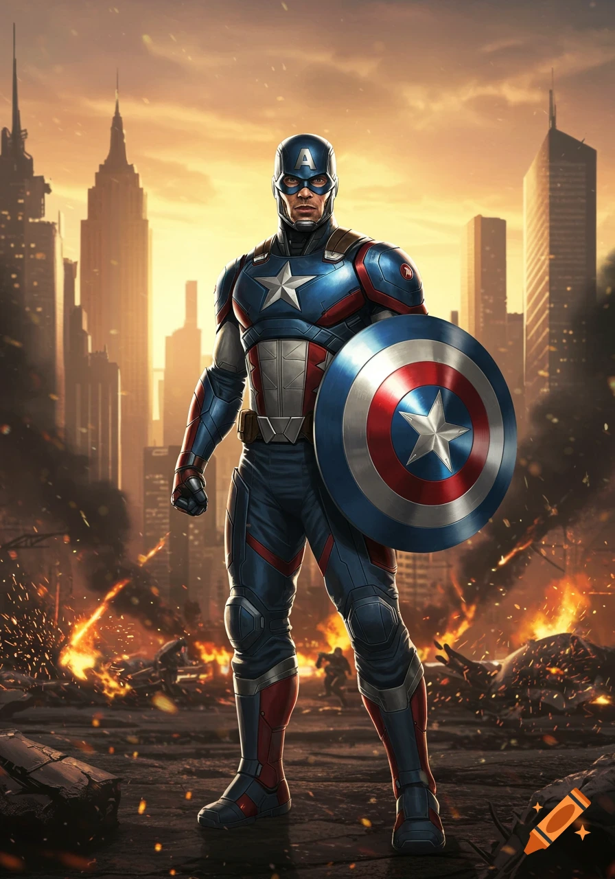 Photorealistic Captain America holds his shield with a man's face, on a ...