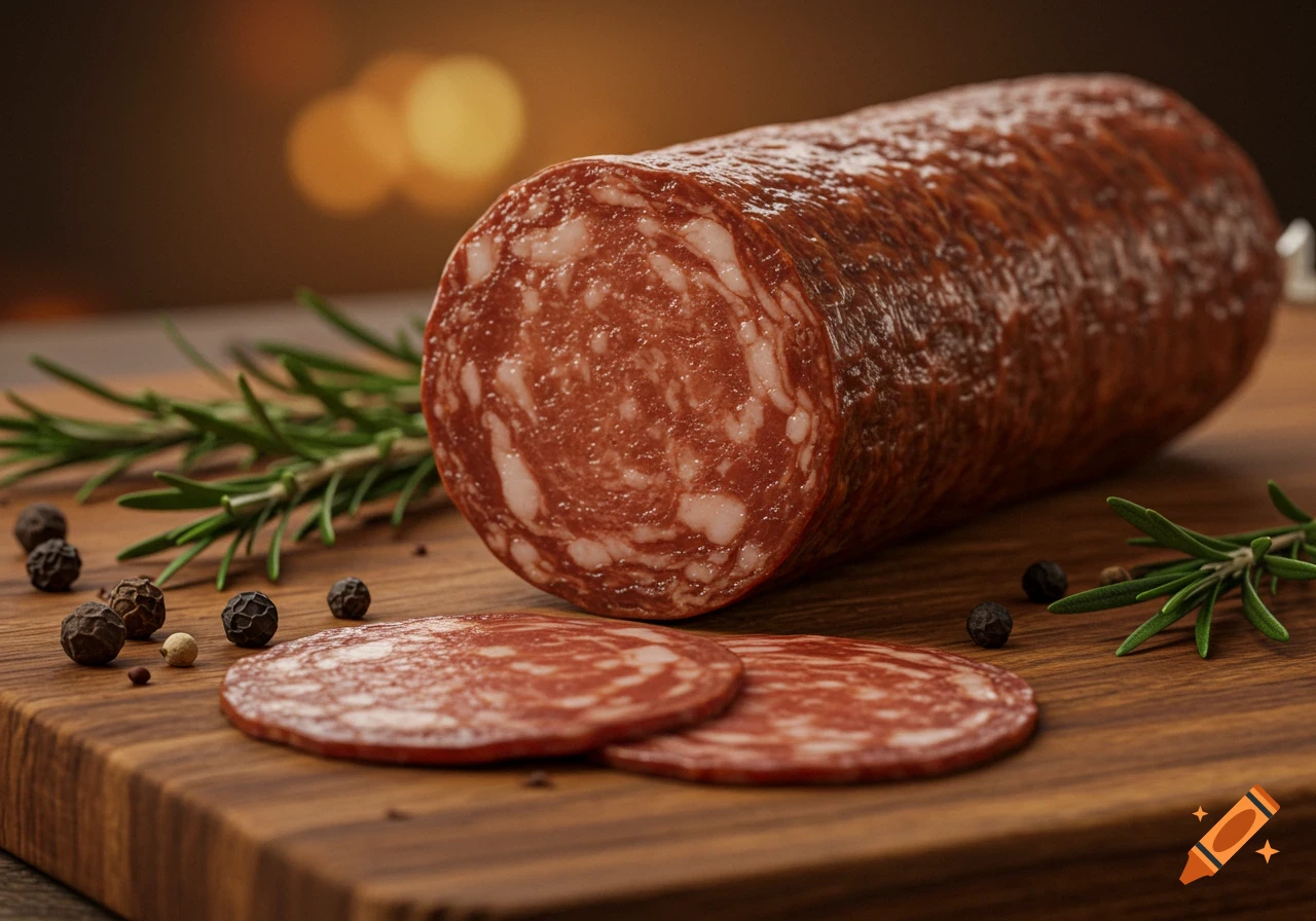 Sliced bread and salami on an olive wood cutting board with green ...