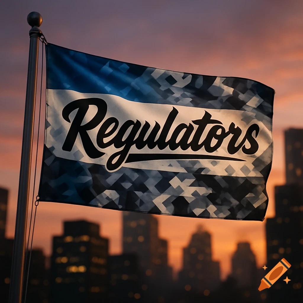 A blue, black, and white flag with "Regulators" written in script ...