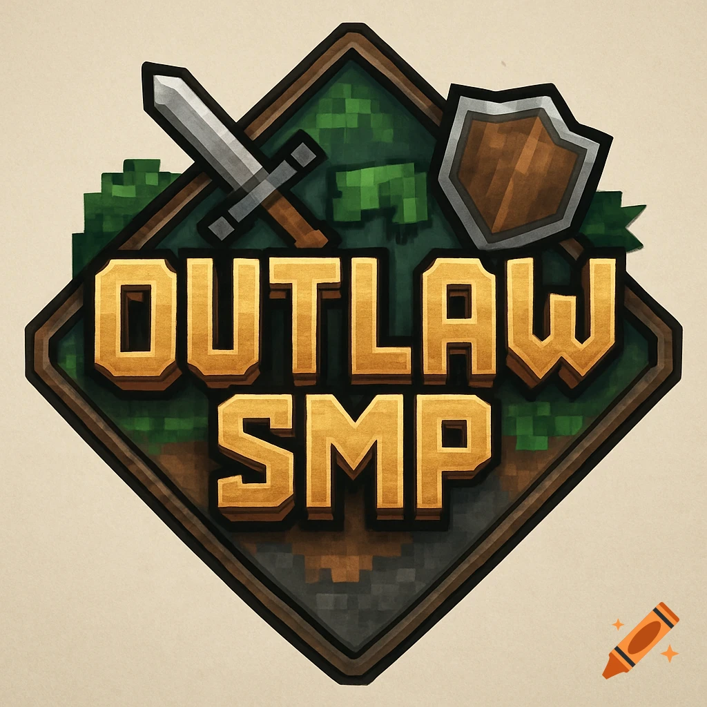 A pixel art Minecraft-style logo for 'Outlaw SMP' featuring a sword and ...