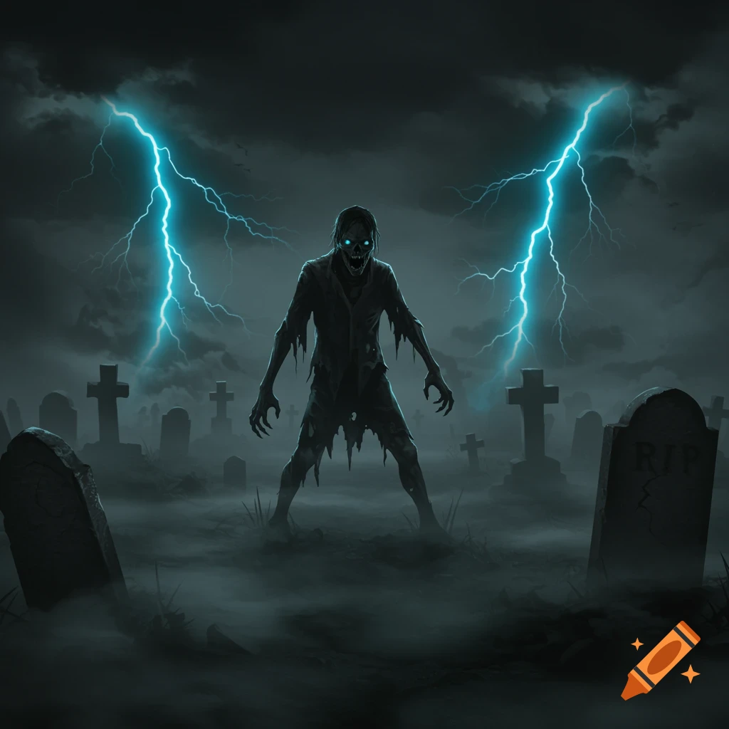 A lonely tombstone stands in a rainy graveyard under a lightning-filled ...