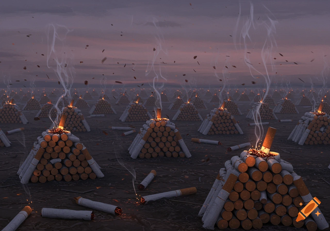 A vast field filled with numerous pyramids of burning cigarettes ...