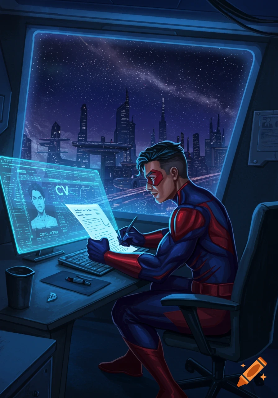 A male superhero in a red and blue suit writes on a holographic CV ...