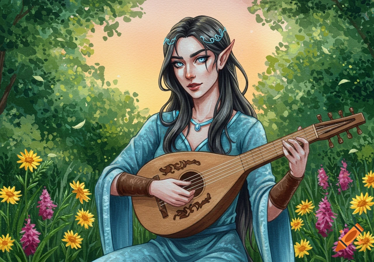 Watercolor illustration of an elf bard woman with black hair and blue ...