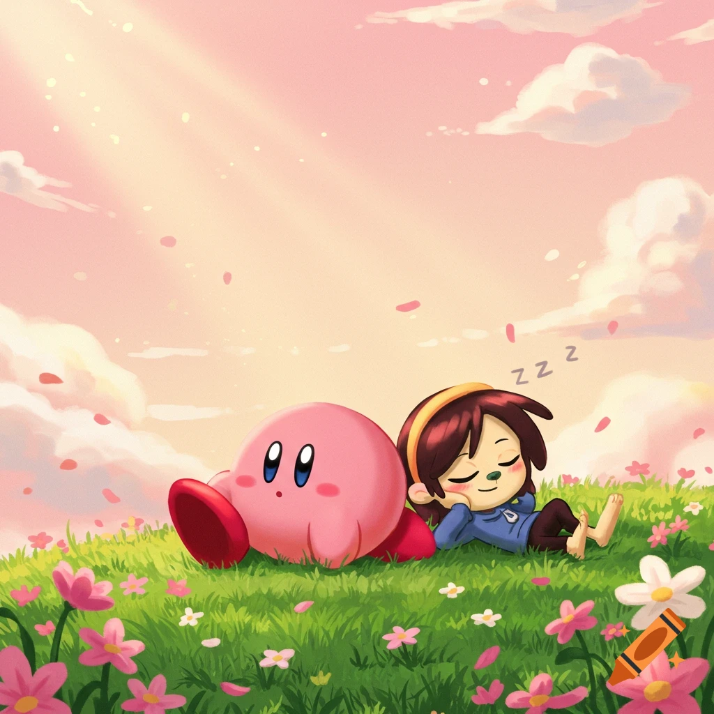 Kirby, a pink round character, floats amidst sparkling trails and stars ...