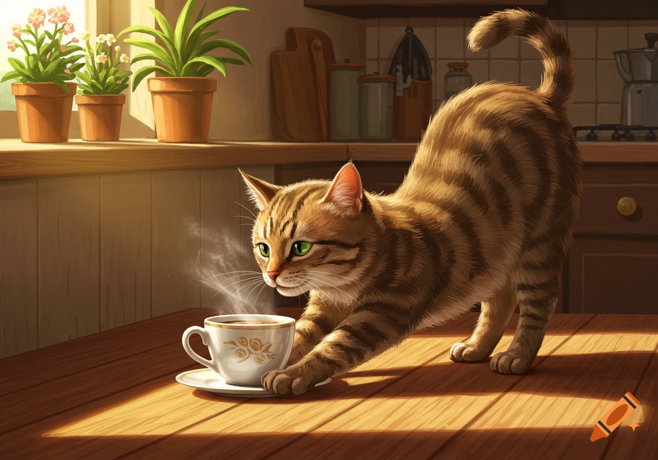 Photorealistic grey tabby cat with green eyes standing on a kitchen ...