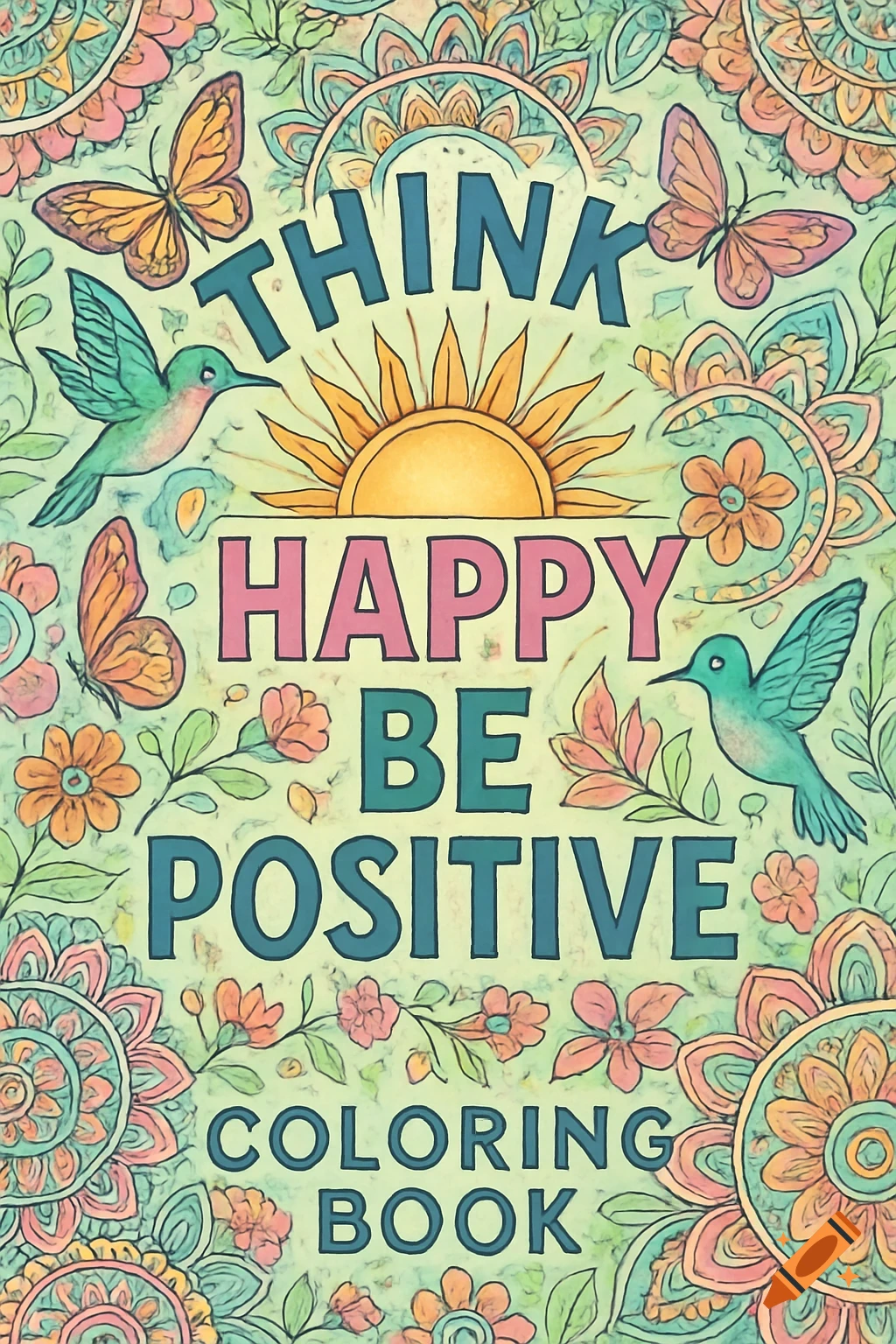 A colorful coloring book cover with 'THINK HAPPY BE POSITIVE COLORING ...