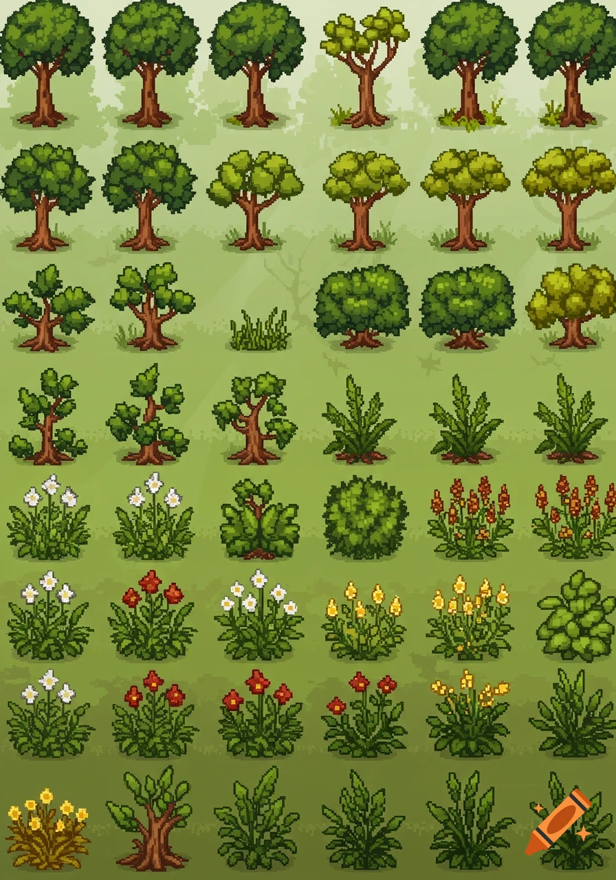 Top-down pixel art of a winding dirt path through a green forest with trees, mushrooms, and ...