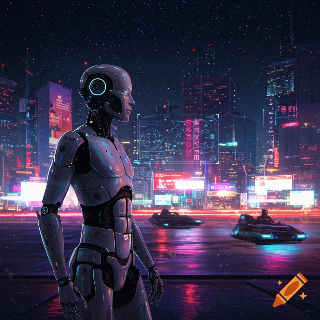 A white robot with glowing blue accents stands in a futuristic city at ...