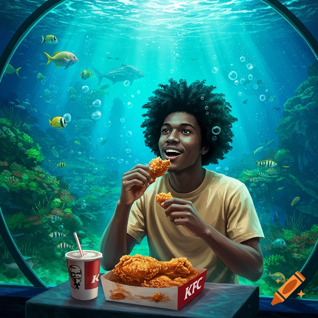 An illustration of a Black man eating watermelon and fried chicken, drinking Kool-Aid at a table ...