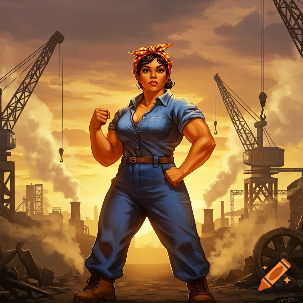 A stylized illustration of Rosie the Riveter in a blue work shirt and ...