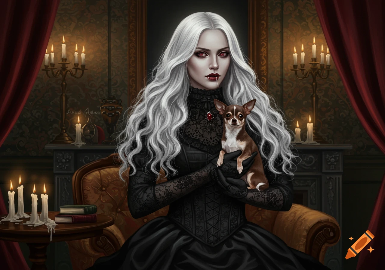 A gothic illustration of a pale woman with red eyes and fangs, wearing ...