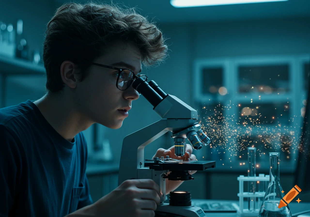 A student looks through a microscope in a science lab. on Craiyon