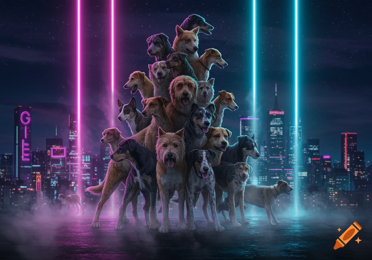 A large pile of diverse dogs forming a humanoid shape in a futuristic ...
