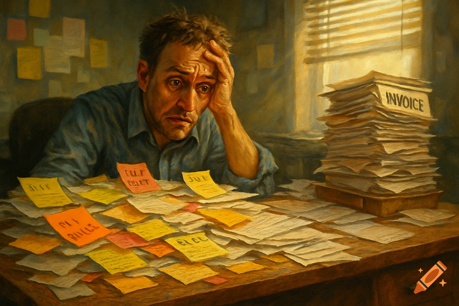 A person sitting at a cluttered desk, surrounded by stacks of papers ...