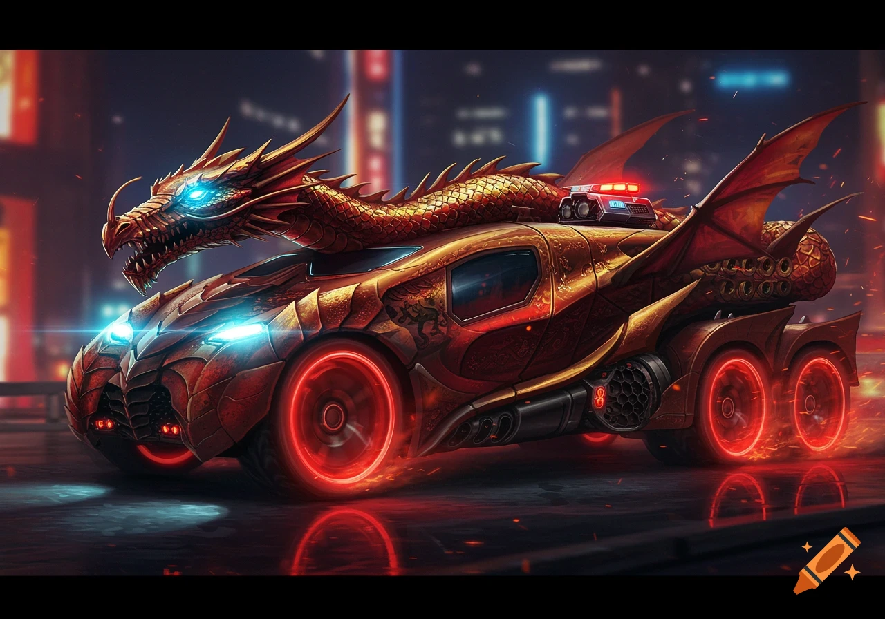A golden dragon-themed concept car with glowing red wheels and blue ...