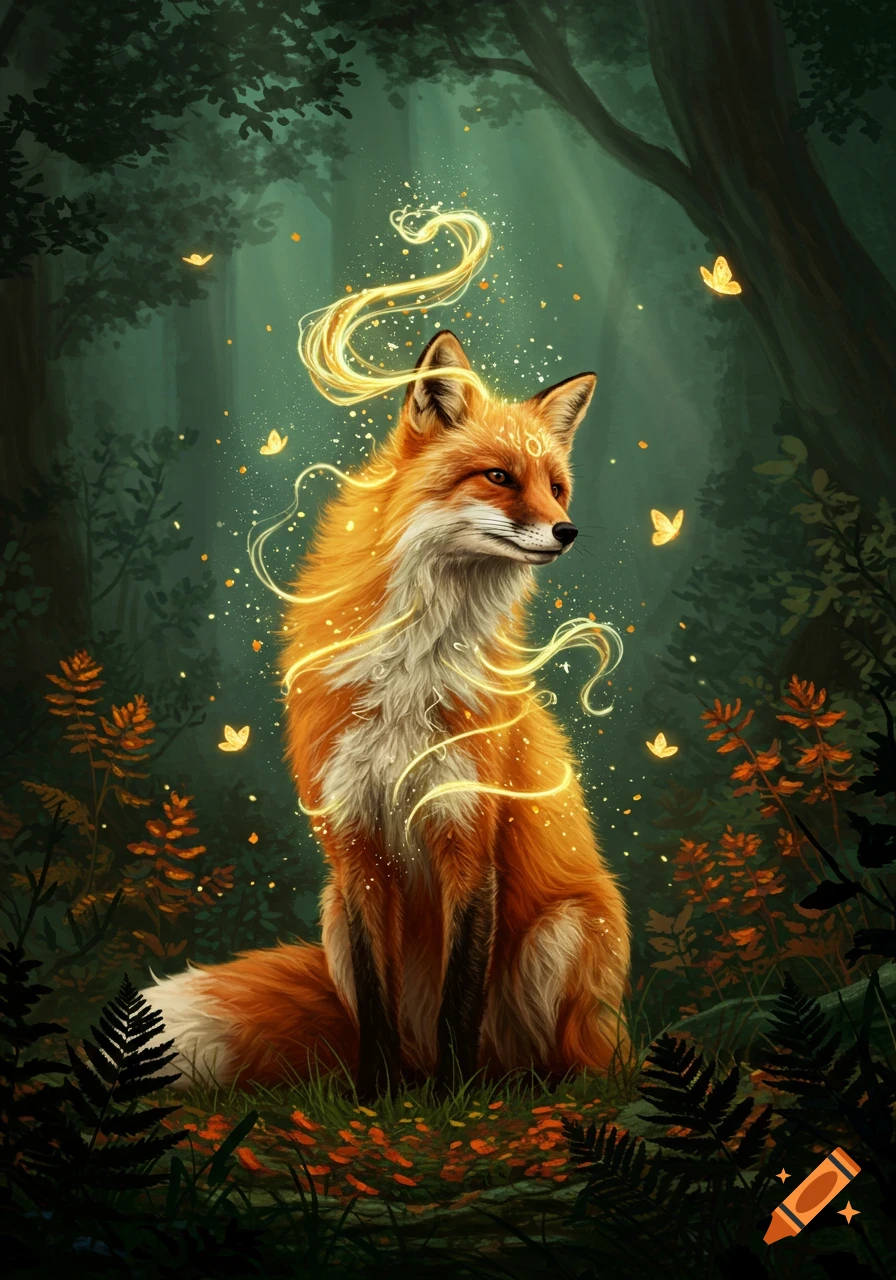 A red fox with bright orange eyes sits in a small wooden boat on dark ...