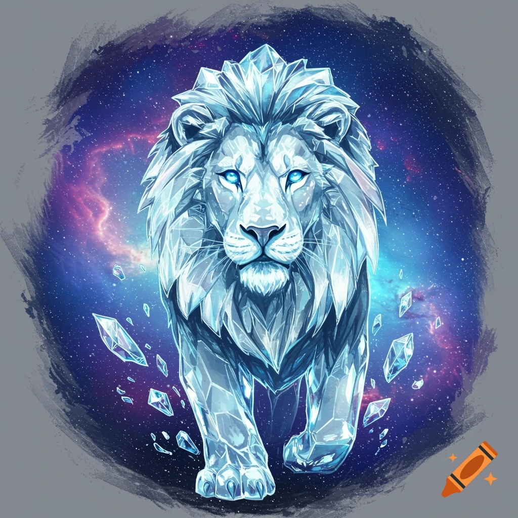 A majestic crystal lion with glowing blue eyes walks forward against a ...