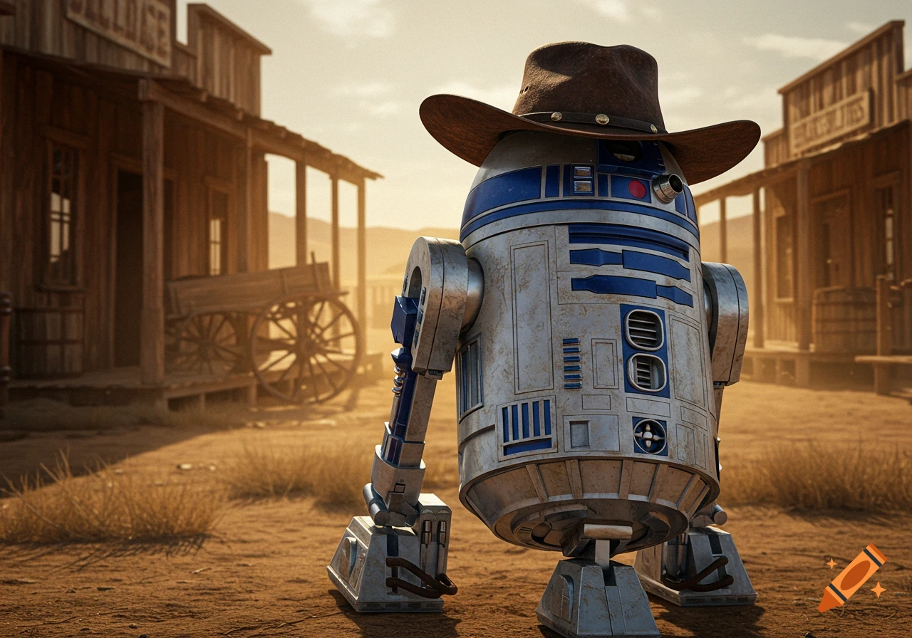 A realistic R2-D2 robot wearing a brown cowboy hat stands in a dusty ...