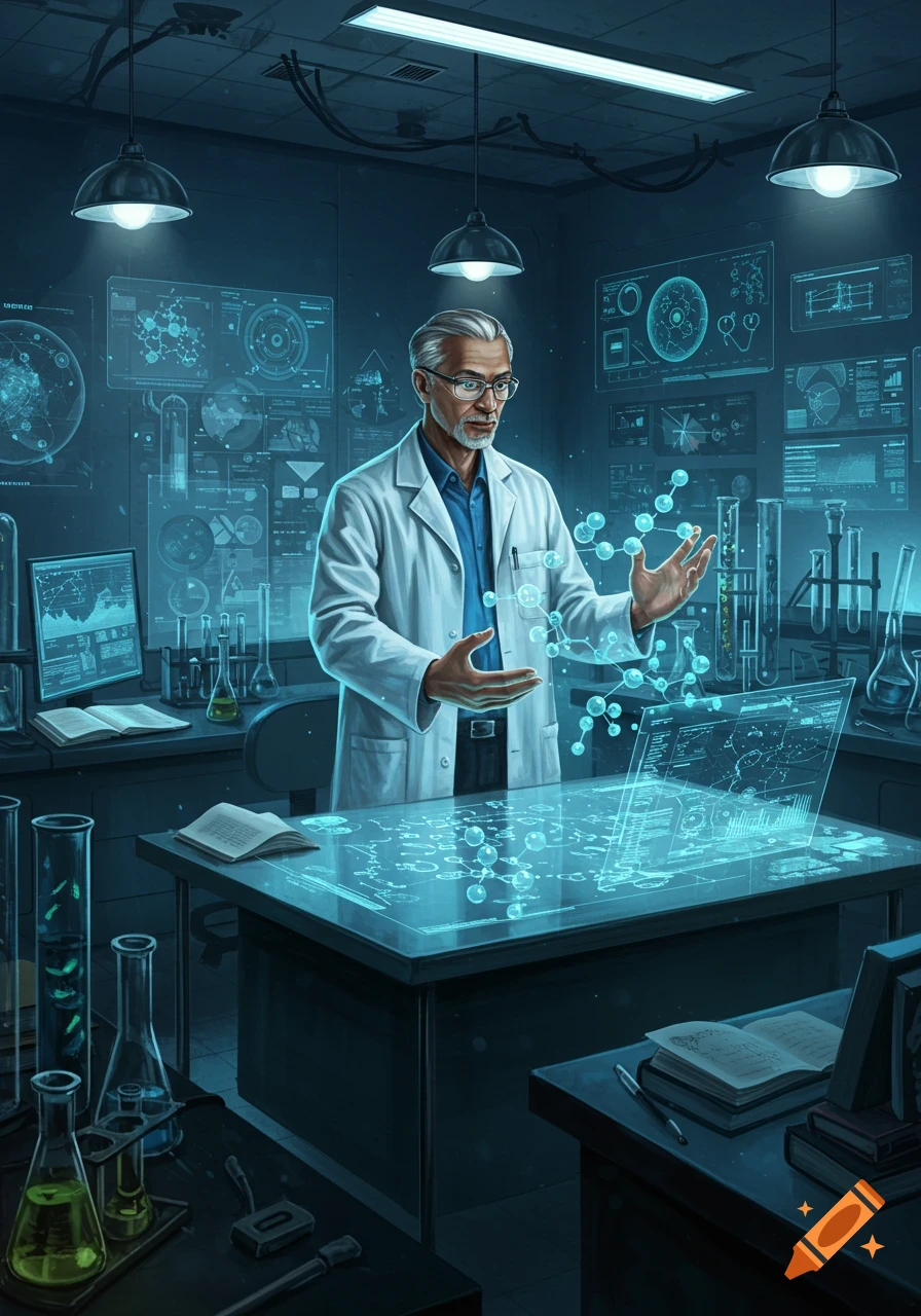 A cartoon evil scientist with a big mustache and gold teeth in a lab ...