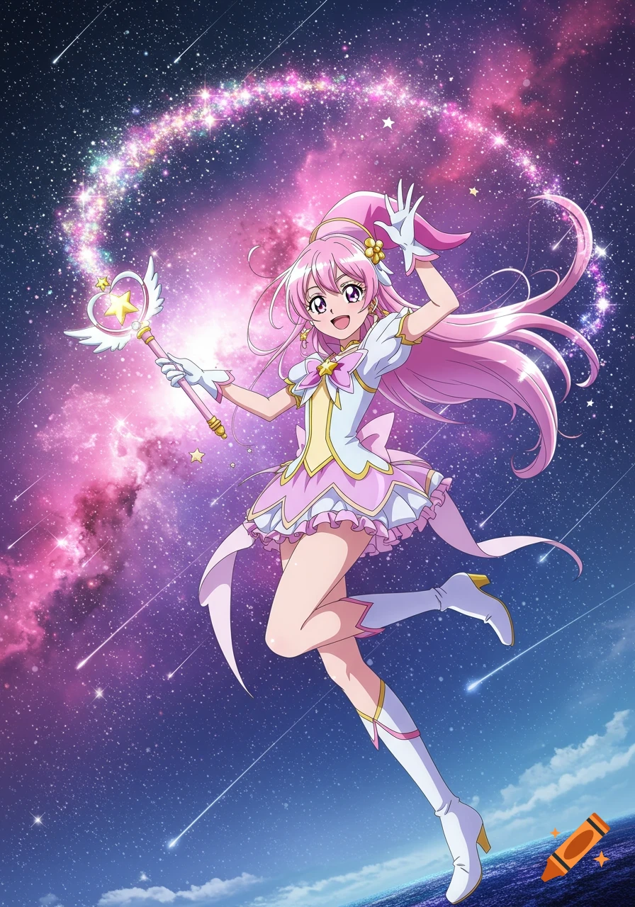 An anime girl with pink hair and a vibrant pink and blue idol costume ...