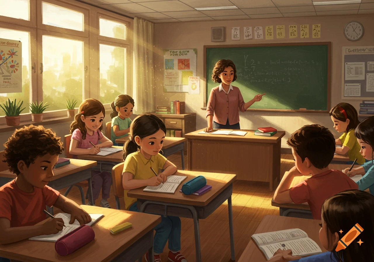 School building with students around on Craiyon