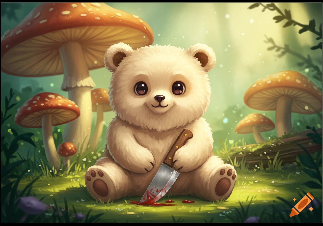 A cute chibi bear sits on a grassy forest floor surrounded by mushrooms ...