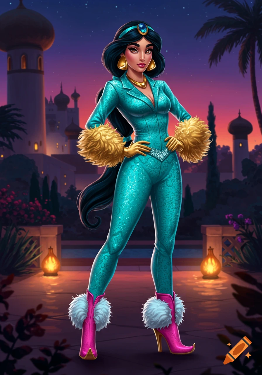 Stylized digital art of Princess Jasmine in a tight cyan patterned suit ...