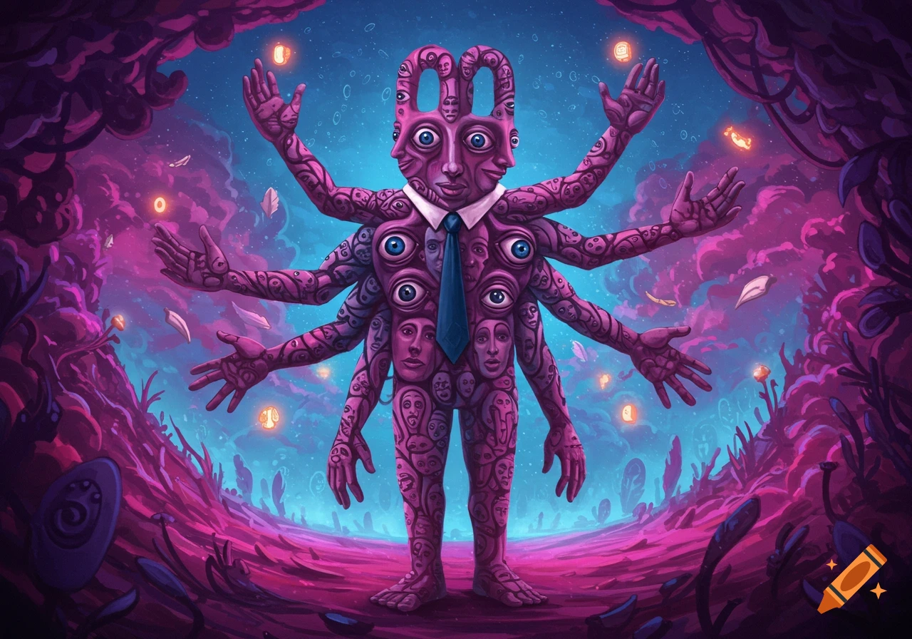 A surreal multi-limbed, multi-eyed creature wearing a suit and tie ...